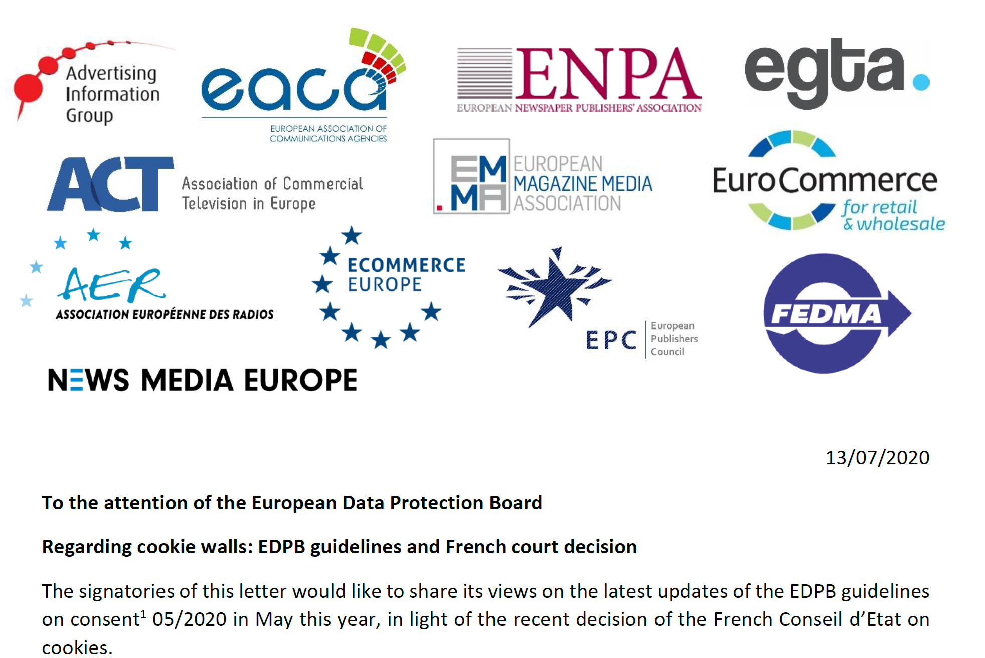 Trade Associations send a letter to the EDPB on cookie walls ...